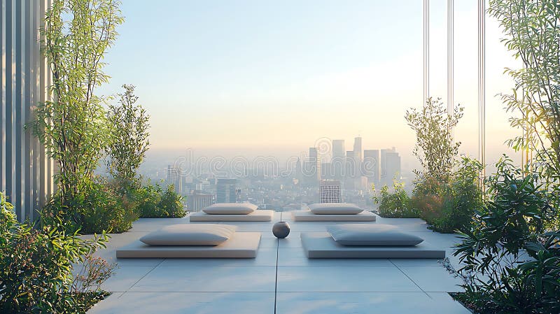 Serene Rooftop Space with Cushions, Plants, and City View at Sunrise ...
