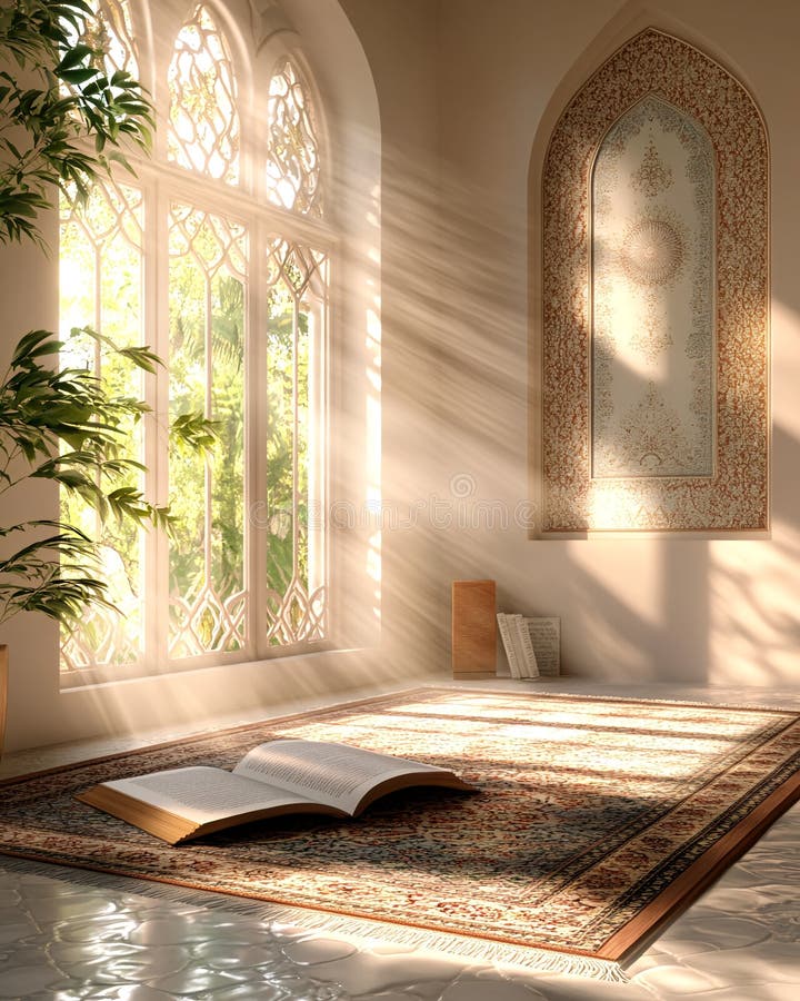 Sunlit Room with Prayer Mat and Open Book Amidst Tranquil Decor Stock ...