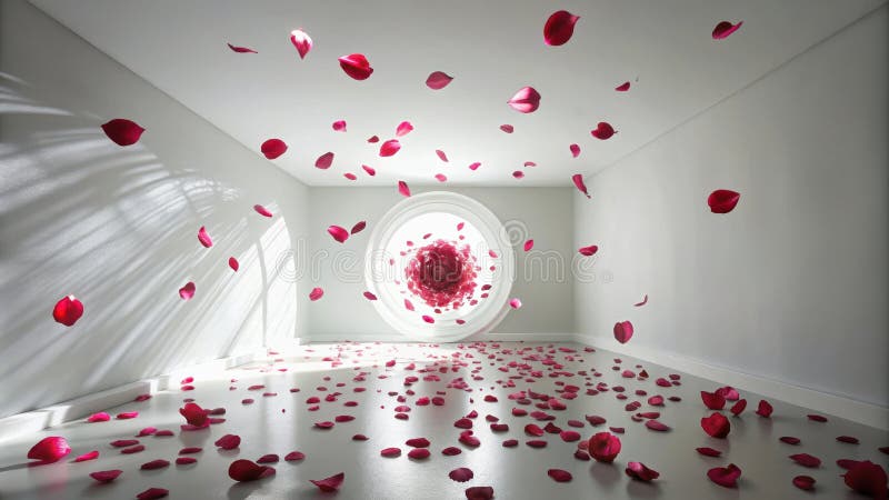 Serene Room Decorated with Falling Rose Petals and Circular Window ...
