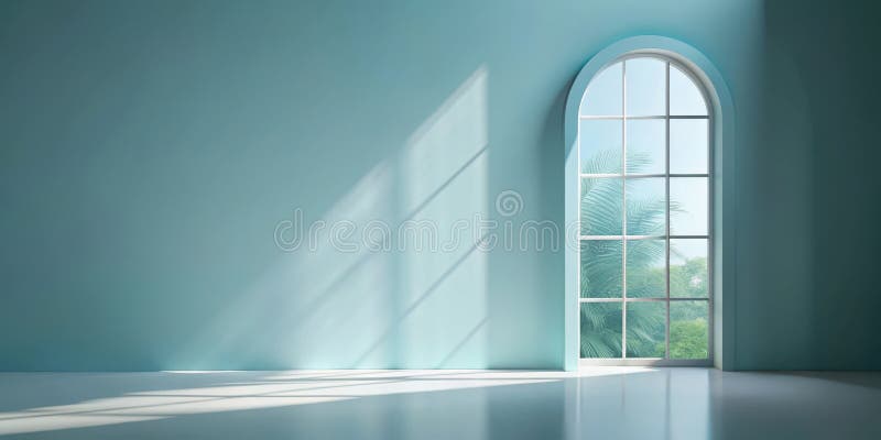Serene Room Interior with Sunlight Streaming through Arch Window ...