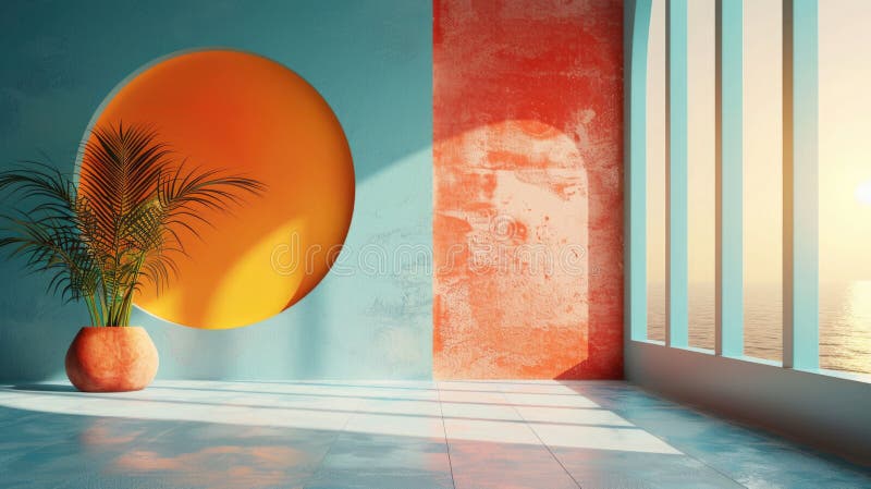 A Serene Room with a Surreal, Oversized Sunset Circle on the Wall ...