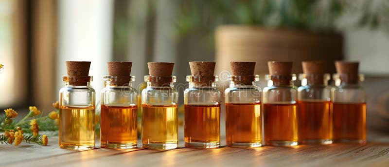 Serene Row of Cosmetic Oil Vials with Copyspace. Concept Cosmetic Oils ...