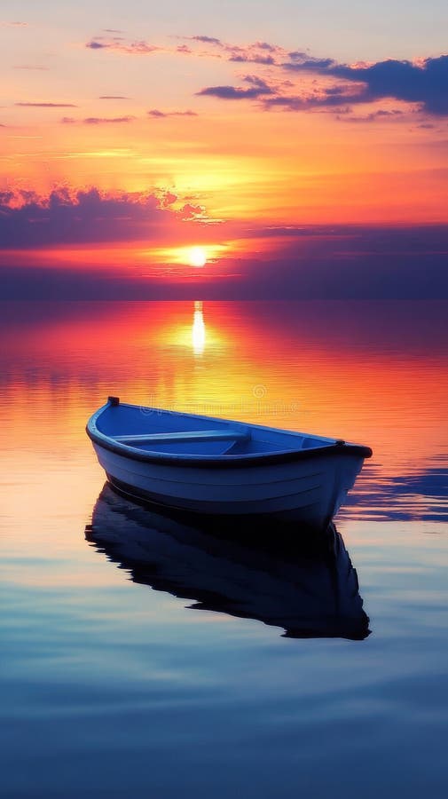 Serene Rowboat on Lake at Sunset, Tranquil Reflection View. Peace and ...