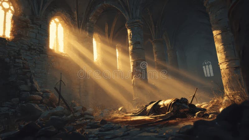 Serene Ruined Cathedral with Sunlight Streaming through Windows Stock ...