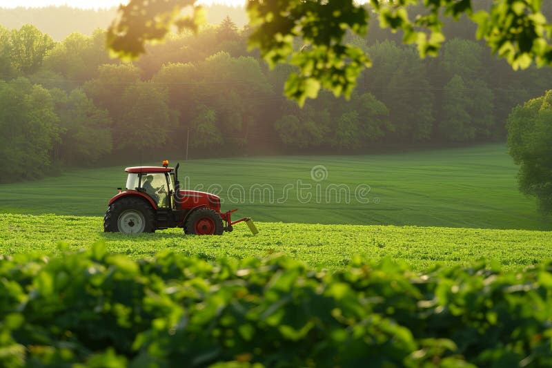 A Serene Rural Landscape Features a Red Tractor Working in a Green ...