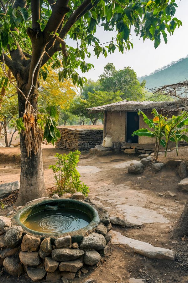 Serene Rural Landscape with a Stone Water Basin and Rustic Hut in ...