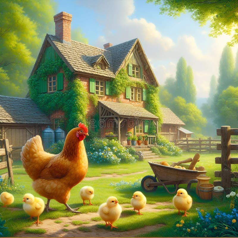 A Serene Rural Setting Featuring a Hen, Chicks, and a Rustic Cottage ...