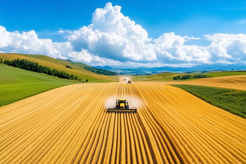 In this Serene Rural Setting, Multiple Combines Efficiently Harvest ...