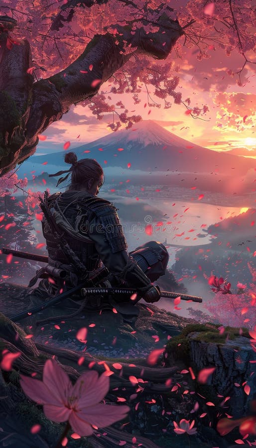 Serene Samurai Meditating Under Cherry Blossom Tree Amidst Falling ...