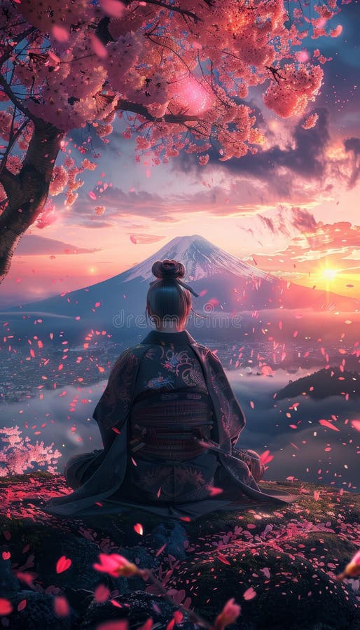 Serene Samurai Meditating Under a Cherry Blossom Tree Amidst a Glowing ...