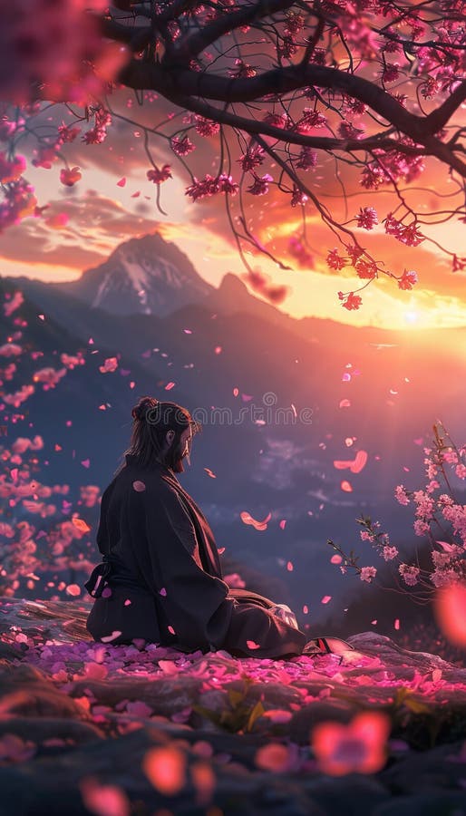 A Serene Samurai Meditating Under Cherry Blossoms with a Sunset ...
