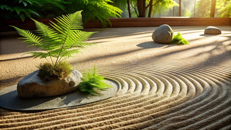 Serene Sand Garden with Lush Greenery and Smooth Stones Under Sunlight ...