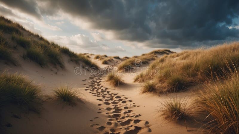 Serene Sandy Path through Grassy Dunes Under Cloudy Sky. Stock ...