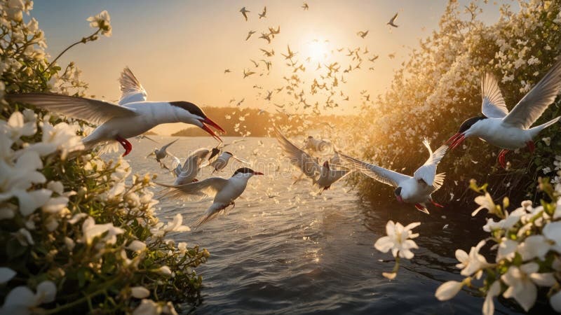 A Serene Scene of Birds Flying Over a River Surrounded by Flowers at ...