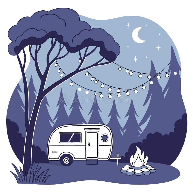 Serene Scene of a Caravan with a Campfire and String Lights Surrounding ...