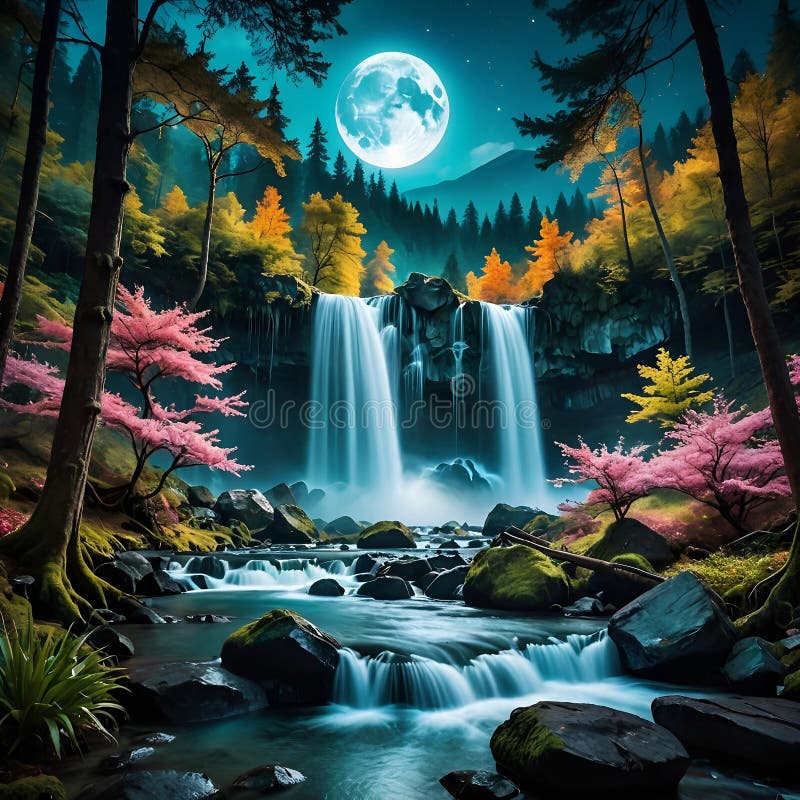 Enchanted Waterfall Under Moonlight Serene Night Scene Stock Photos ...