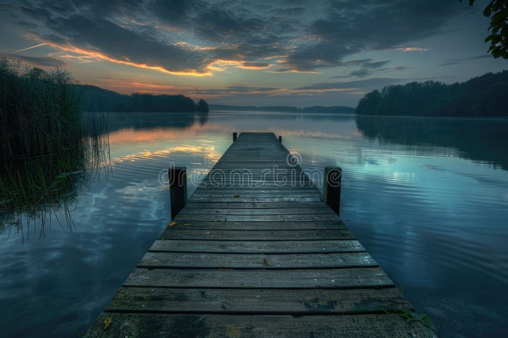 A Serene Scene of a Dock on a Lake during Sunset Stock Image - Image of ...