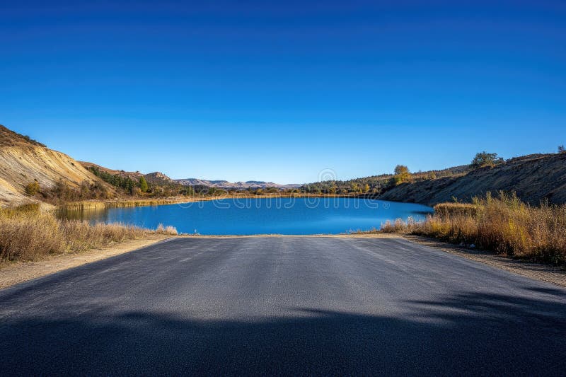 A Serene Scene with an Empty Road Leading To a Calm Lake Stock Image ...