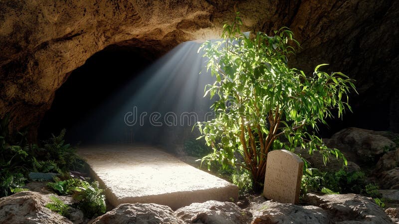 Serene Scene of an Empty Tomb with Weathered Stone and Gentle Light ...