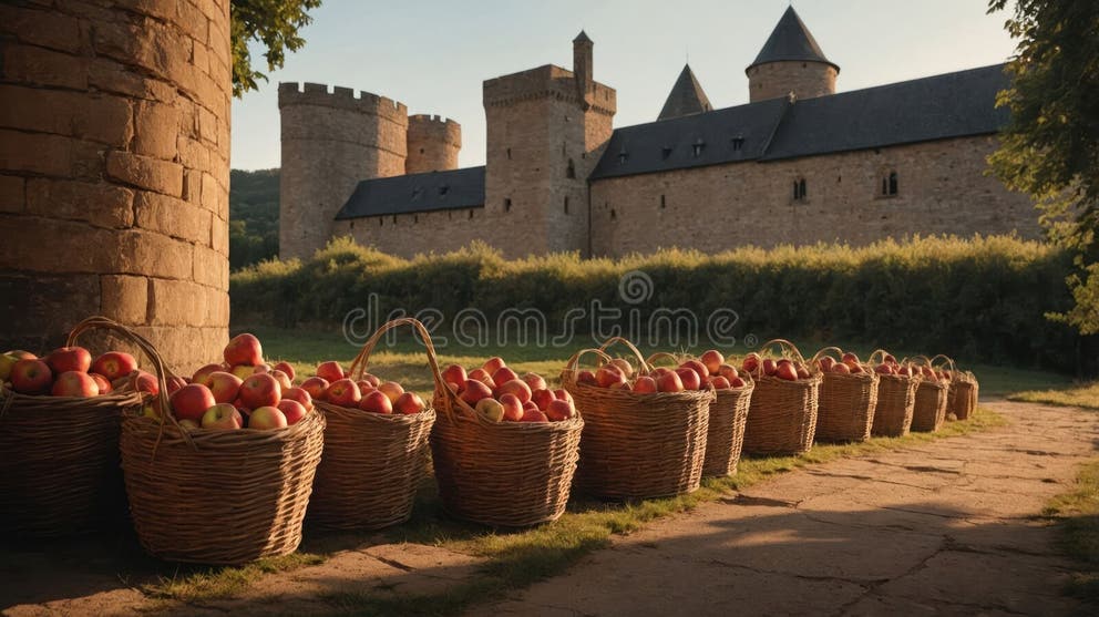 Wicker Baskets Full of Red Apples in Front of Medieval Castle at Sunset ...