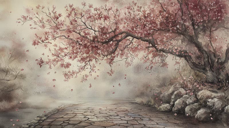 Serene Cherry Blossom Pathway with Delicate Pink Petals Stock Illustration - Illustration of ...