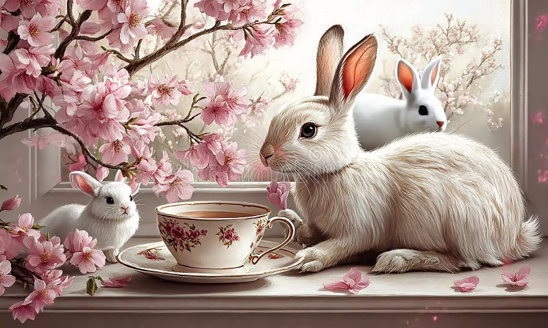 A Serene Scene Featuring a Fluffy Rabbit beside a Delicate Tea Cup ...