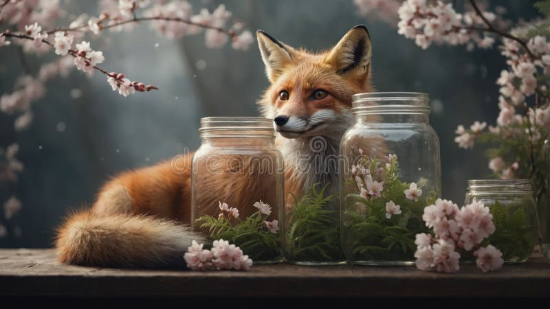 Red Fox Sitting Amongst Cherry Blossoms and Glass Jars Stock ...