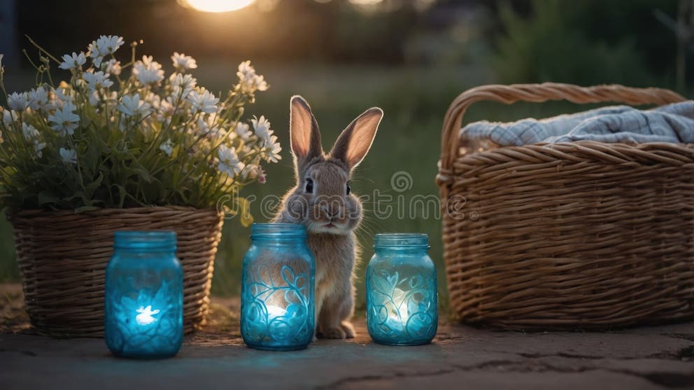 Adorable Bunny Rabbit in Garden Setting with Blue Mason Jar Lanterns ...
