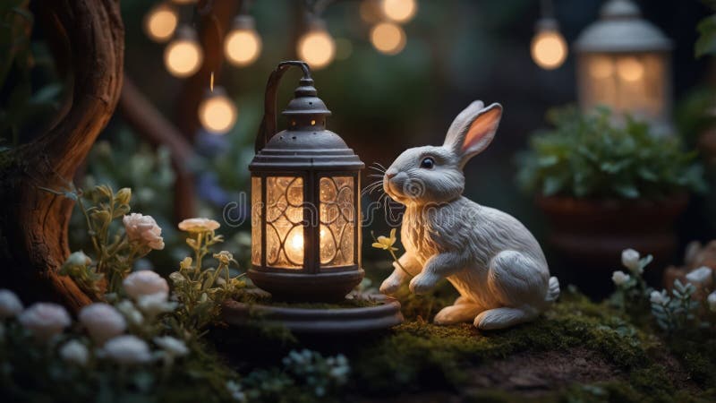 Enchanted Garden Rabbit and Lantern at Night Stock Illustration ...