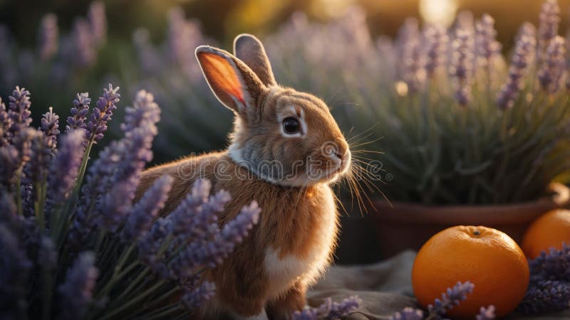 Adorable Brown Rabbit in Lavender Field at Sunset Stock Illustration ...