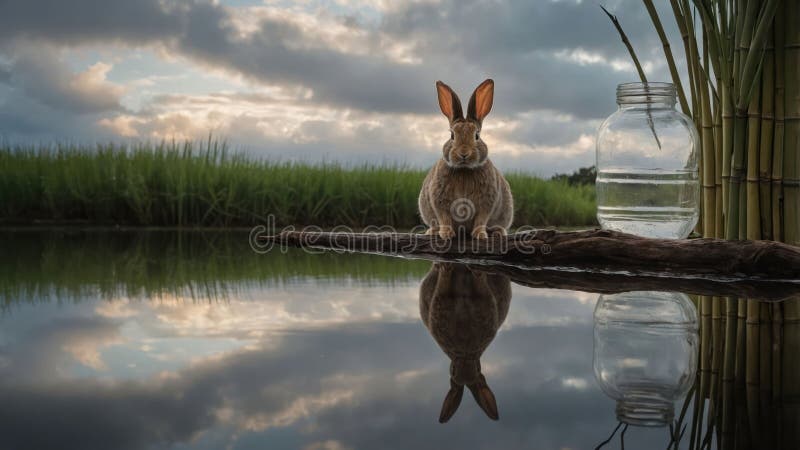 Serene Rabbit by the Lake at Sunset: a Peaceful Reflection Stock ...