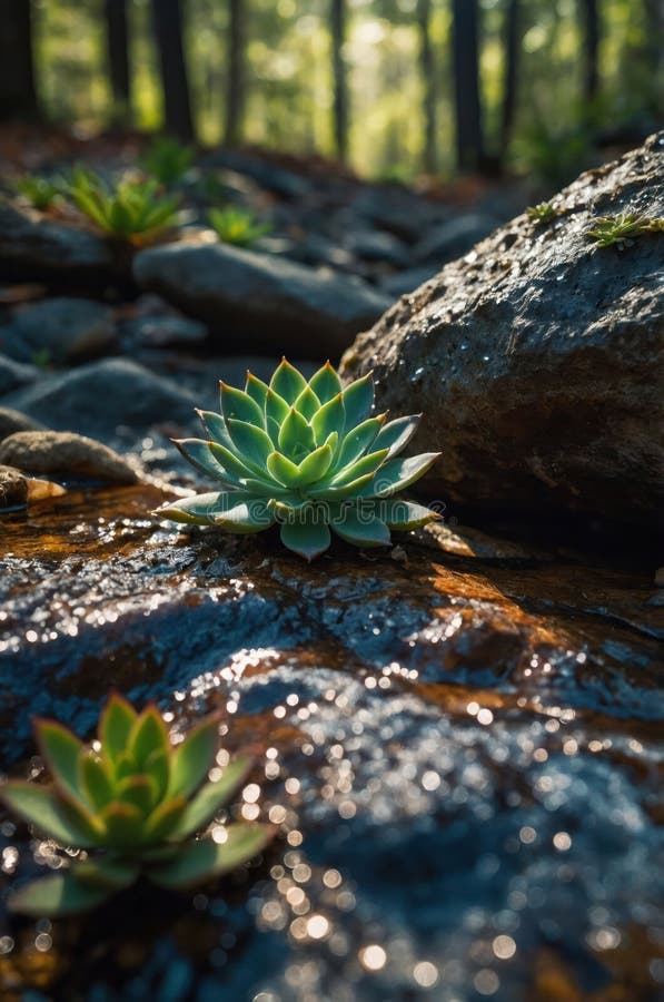 Serene Succulent by Flowing Water in Forest Stock Illustration ...