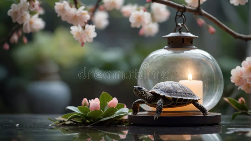 Serene Turtle by Lantern Light with Spring Blossoms Stock Illustration ...