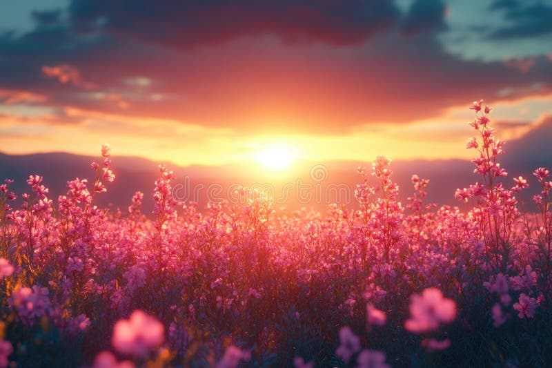 A Serene Scene of a Field of Flowers Illuminated by the Sunset Stock ...