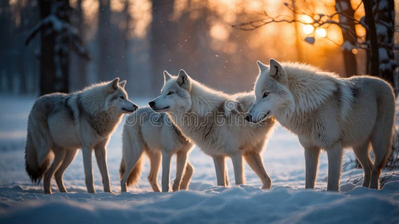 Majestic Arctic Wolves at Sunset in Snowy Forest Stock Illustration ...