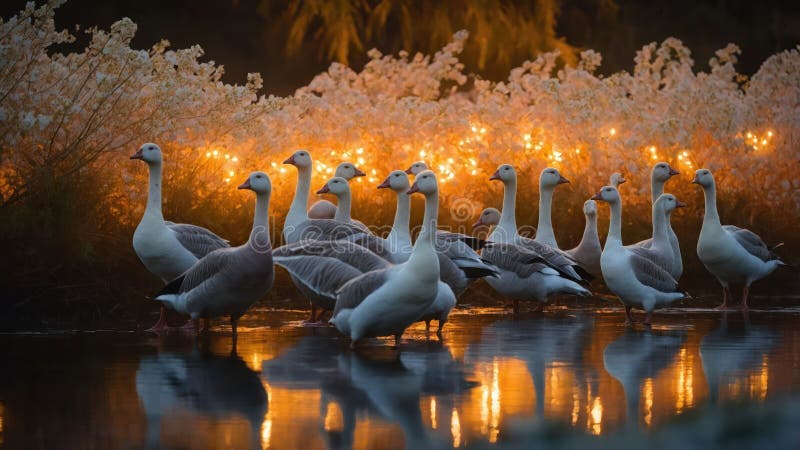 A Serene Scene of Geese by a Glowing Backdrop of Flowers and Lights ...