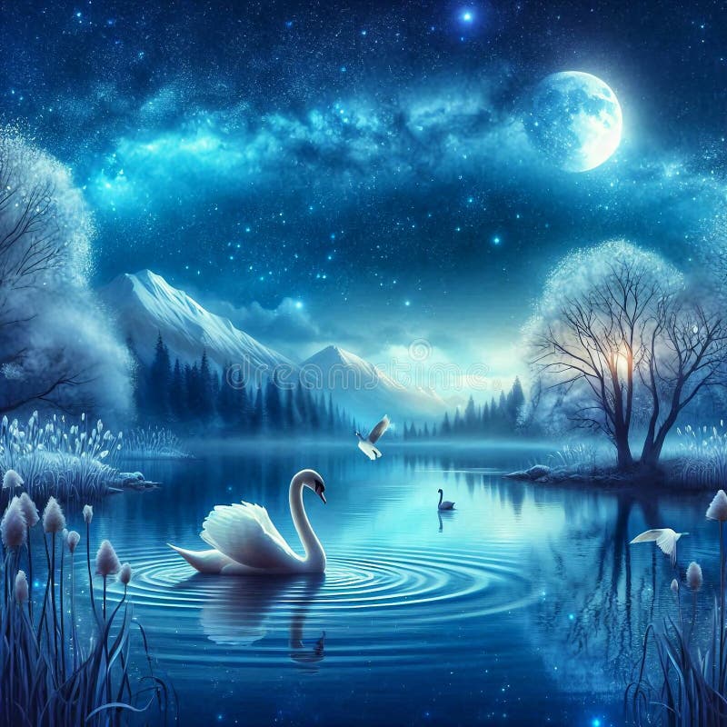 A Serene Scene of a Graceful Swan Gliding on a Reflective Lake Under a ...