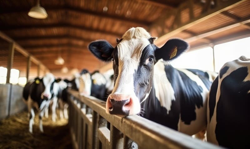 A Serene Scene of Grazing Cows in a Rustic Barn Setting Stock ...