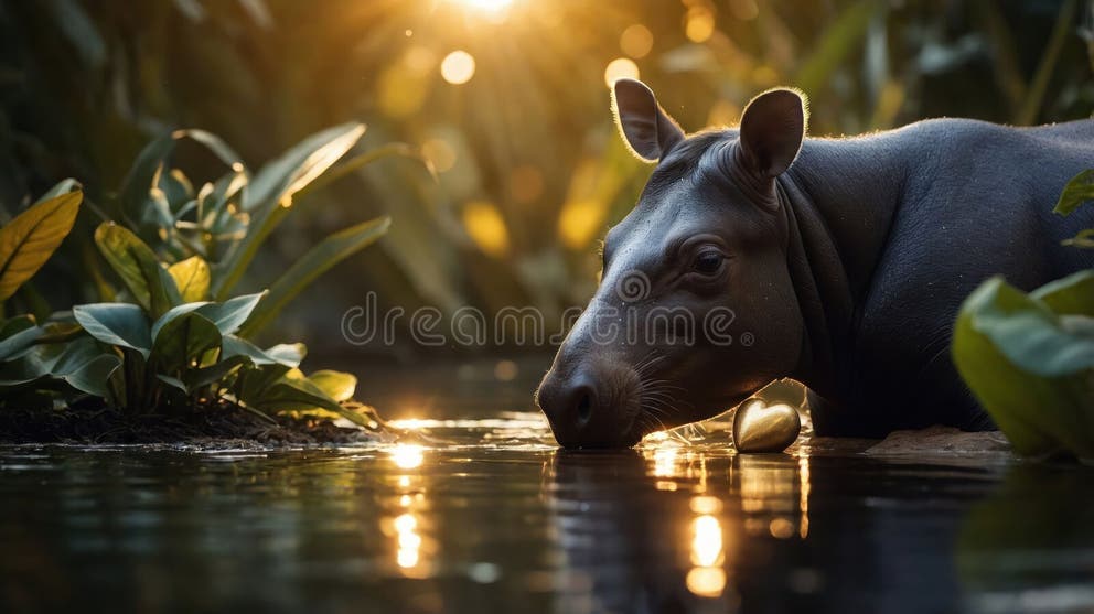 Golden Heart Tapir Drinking at Sunset Stock Illustration - Illustration ...