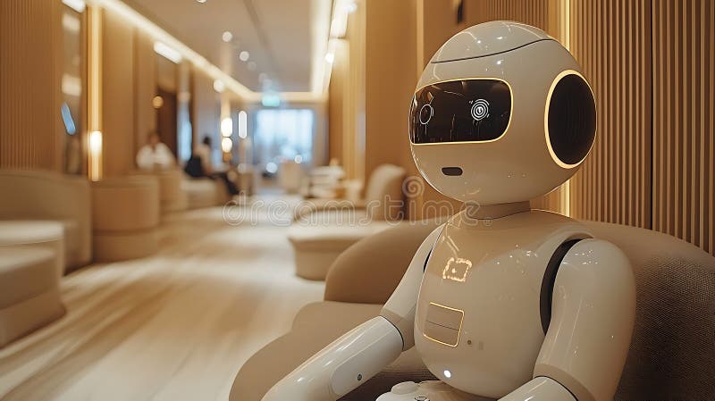 Serene Scene of Humanoid Robot in Modern Lounge, Designed for Elderly ...