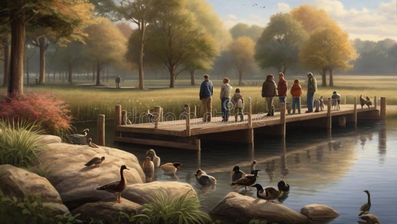 Serene Scene of a Lakeside Pier Where a Group of Birdwatchers Stock ...