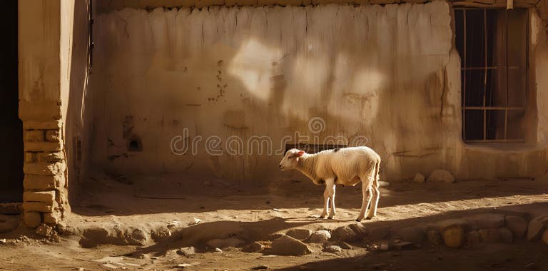 Serene Scene of Lone Sheep in Sunlight Outside Rustic Building Stock ...
