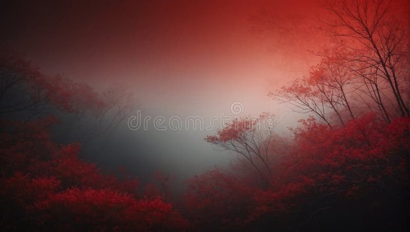 Misty Forest at Twilight with a Vivid Red Gradient Sky Stock ...