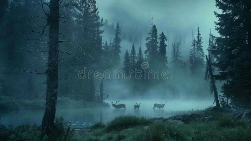 Misty Forest with Deer at Twilight Stock Illustration - Illustration of ...