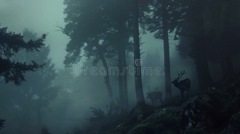 Misty Forest with Deer at Twilight Stock Illustration - Illustration of ...