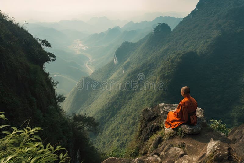 Serene Scene of Monk Sitting on Mountain Ledge, with Breathtaking View ...
