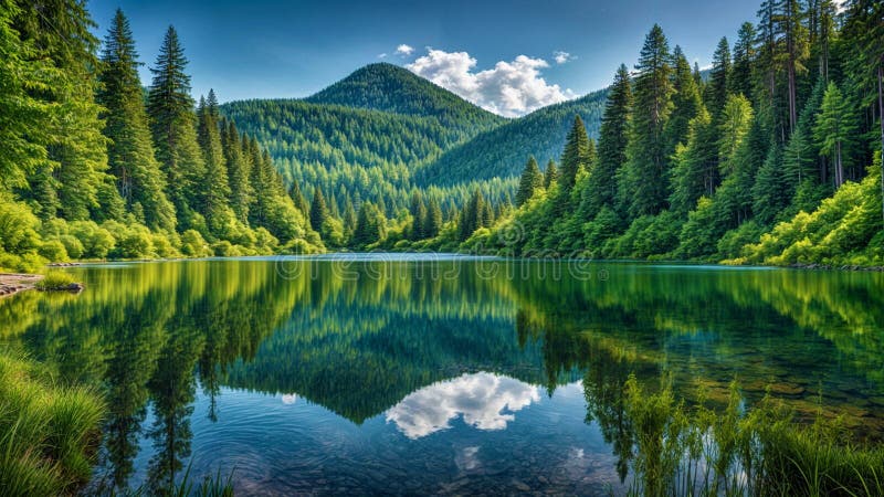 A Serene Scene of a Mountain Lake Surrounded by Lush Green Trees Stock ...
