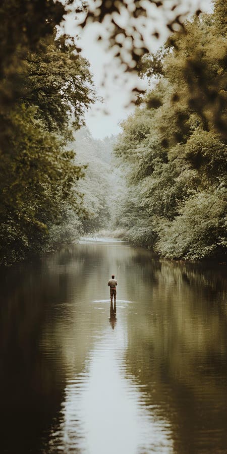 Serene Scene of a Person in Calm River Stock Illustration ...