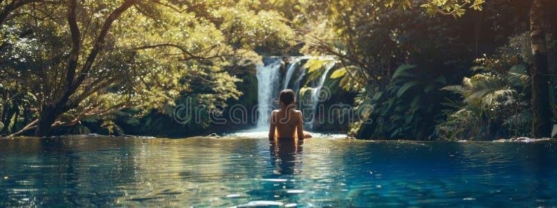 Person in Infinity Pool Overlooking Lush Waterfall in Nature Stock ...