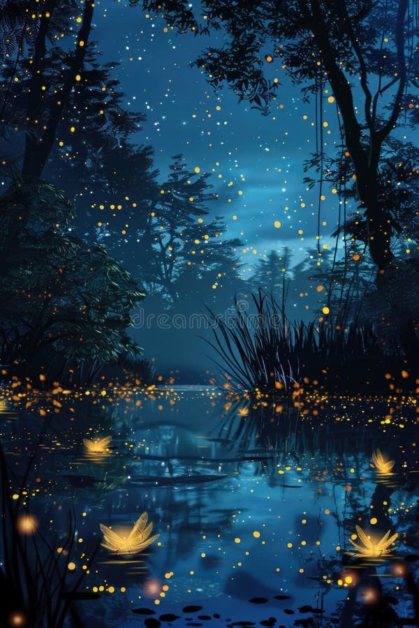 A Serene Scene of a Pond Surrounded by Plenty of Yellow Fireflies ...